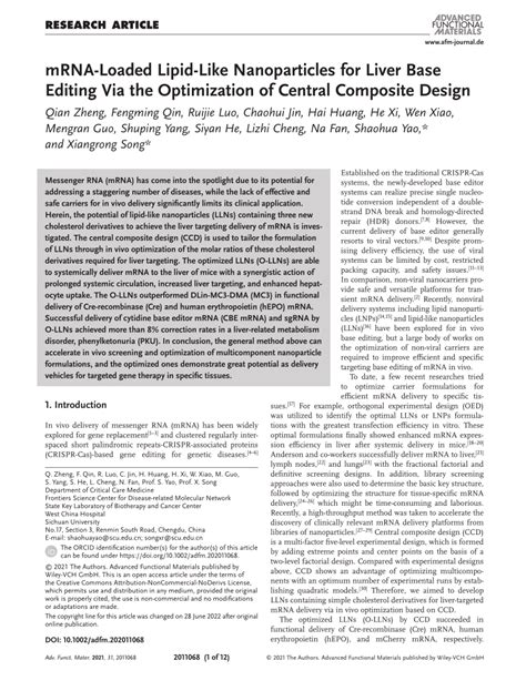 PDF MRNALoaded LipidLike Nanoparticles For Liver Base Editing Via The Optimization Of