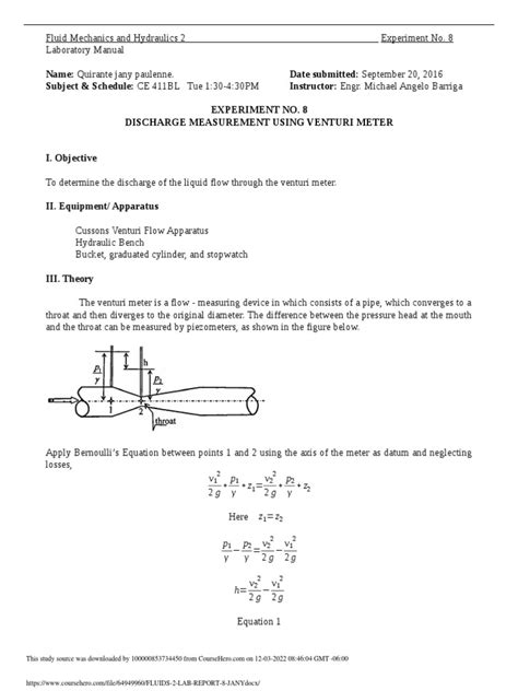 Fluids 2 Lab Report 8 Jany Pdf