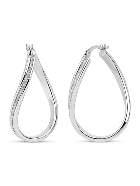 Sterling Silver Rhodium Plated Glitter Oval Twist Hoop Earrings