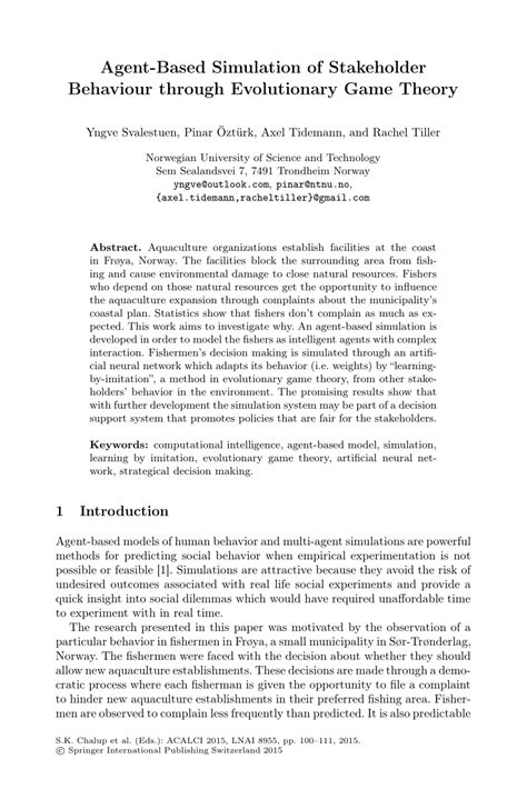 Pdf Agent Based Simulation Of Stakeholder Behaviour Through Evolutionary Game Theory