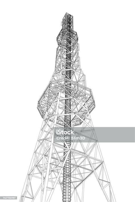 흰색 배경에 고립 된 검은 선에서 통신하기위한 높은 타워의 개요 하단 보기 3d 벡터 일러스트레이션 역에 대한 스톡 벡터 아트 및 기타 이미지 Istock