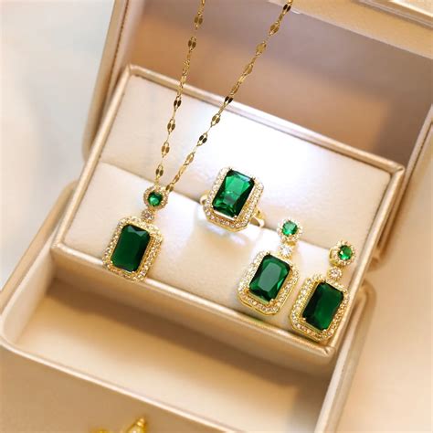 Luxury Emerald Jewelry Sets Fashion Women Bridal Zircon Green Stone