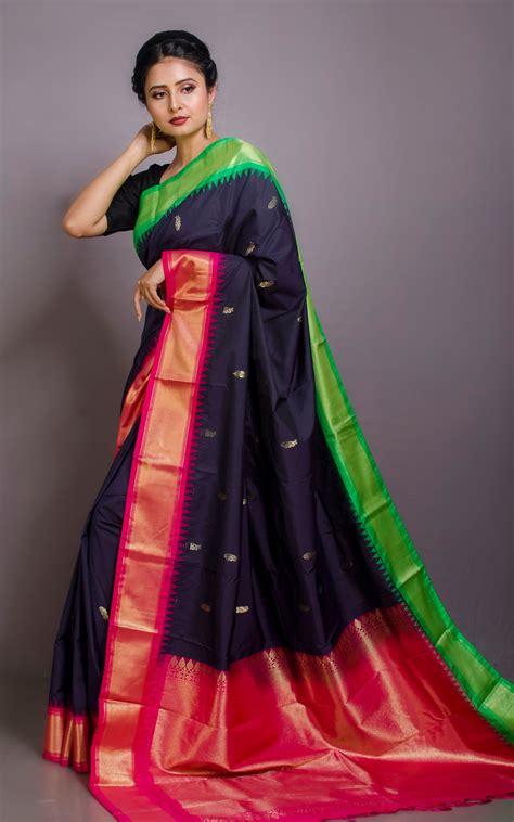 Blended Gadwal Silk Saree In Black Hot Pink And Spring Green Bengal