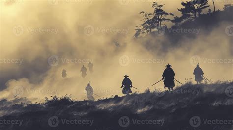 Ai Generated Stunning Dawn Scene In Fog With Silhouetted Samurais On