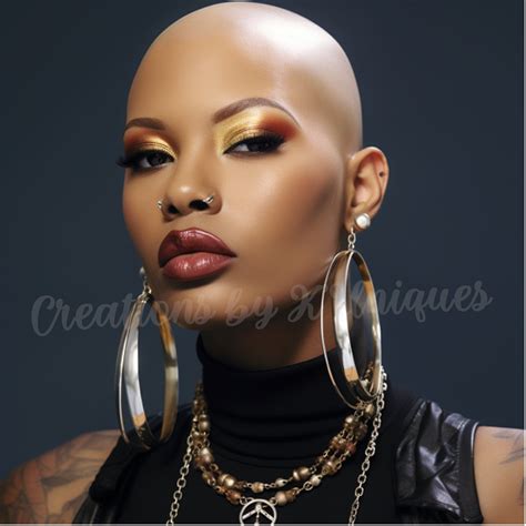 Bald Black Woman Afro Queen Makeup Earrings Tattoos Fashion Png