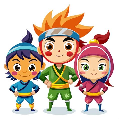 Three Cute Cartoon Ninjas With Different Colored Outfits And Poses Premium Ai Generated Vector