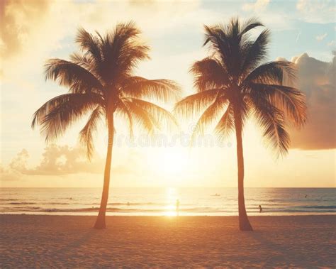 A Tropical Sunset Over The Ocean Featuring Palm Trees And Surfers