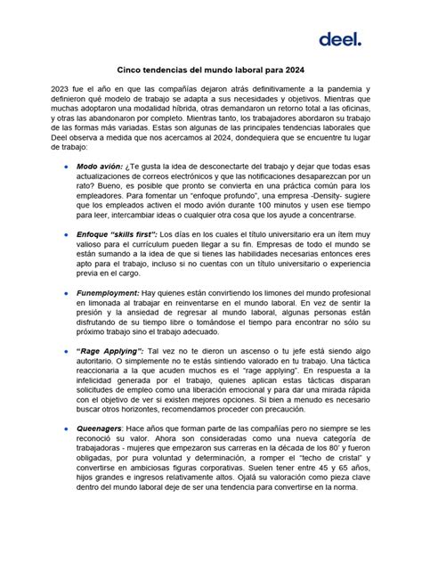 Cinco Tendencias Del Mundo Laboral Para 2024 Deel Pdf