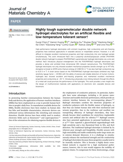 Pdf High Toughness Supramolecular Double Network Hydrogel Electrolytes For Artificial Flexible
