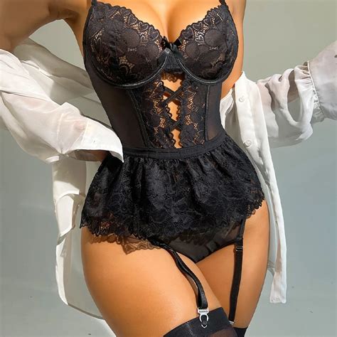 Chemise Lingerie Showing Nipples Sexy Black Open Fishnet Dress Fashion
