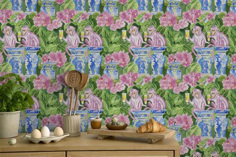 Tropical Jungle Monkey Wallpaper Playful Pink Monkeys Greenery And