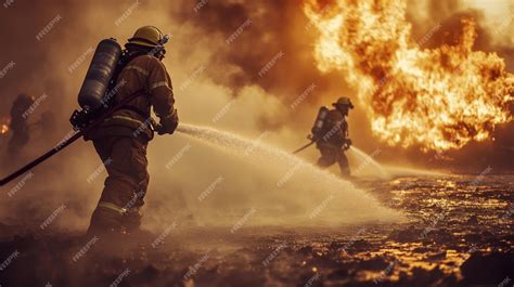Detailed Shot Of Firefighters Battling A Large Fire With Hoses Spraying