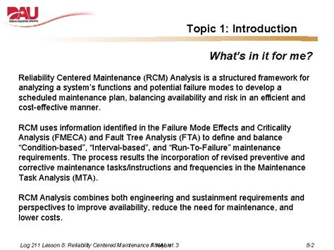 Lesson 8 Reliability Centered Maintenance Analysis Log 211