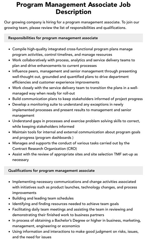 Program Management Associate Job Description Velvet Jobs