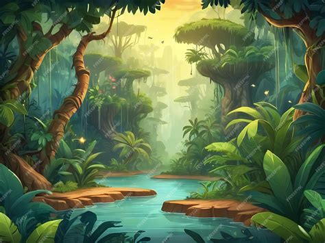 Beautiful Cartoon Jungle Landscape Scenery Background Illustration