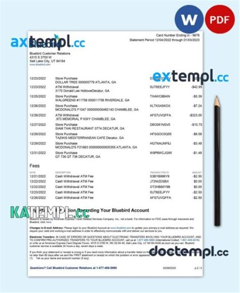 Sample Usa Bluebird Bank Statement Word And Pdf Template 3 Pages Download