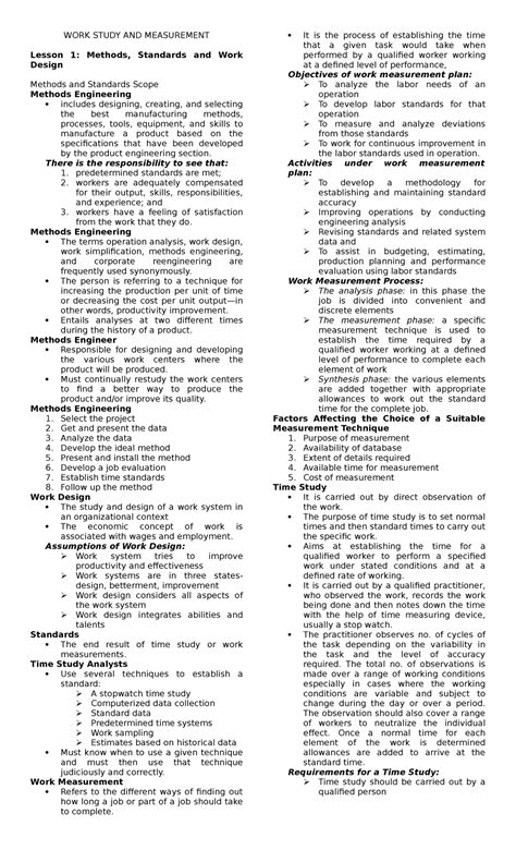 Work Study And Measurement Notes Work Study And Measurement Lesson 1