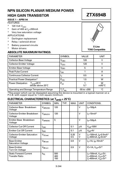 Ztx694b Datasheet To 92 500ma Gain Transistor Zetex Semiconductors