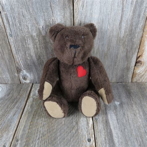 Vintage Handmade Teddy Bear Plush Red Heart Dark Brown Jointed Glass E