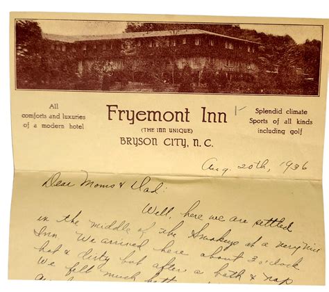 1930s Handwritten Letter Bryson City Nc Fryemont Inn Letterhead Vintage