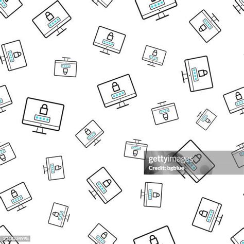 Desktop Computer With Password Seamless Pattern Line Icons On White