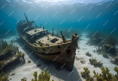 Shipwreck On The Seabed Surrounded By Sandy Terrain And Aquatic