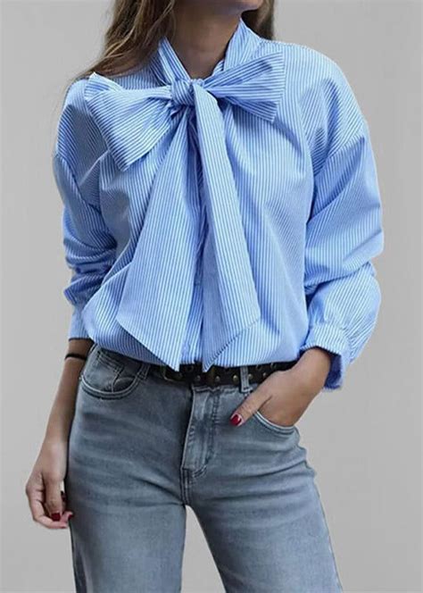 Chic Blue Bow Lace Up Striped Cotton Blouses Summer Mfit For Eu 40 42