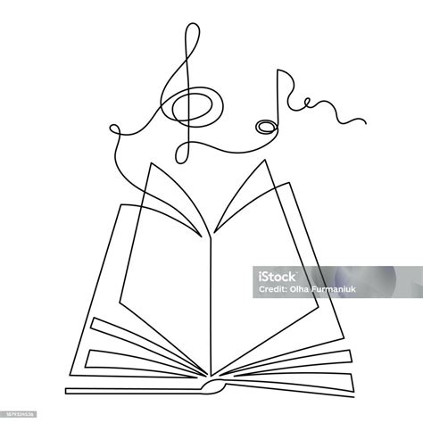 고음 음자리표와 음표 하나의 라인 아트 손으로 그린 연속 윤곽선으로 책 창의적인 디자인 교육 학습 개념 예술적 템플릿 개요를