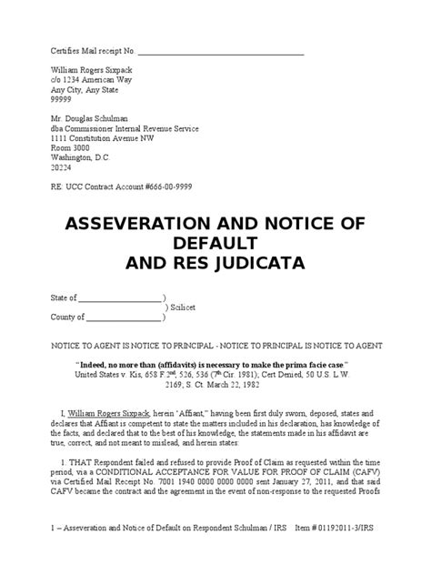 12 Asseveration And Notice Of Default Irs Sample Pdf Bankruptcy