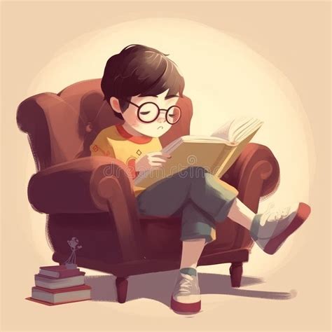 A Cute Young Boy Read A Book On The Sofa Generative Ai Stock