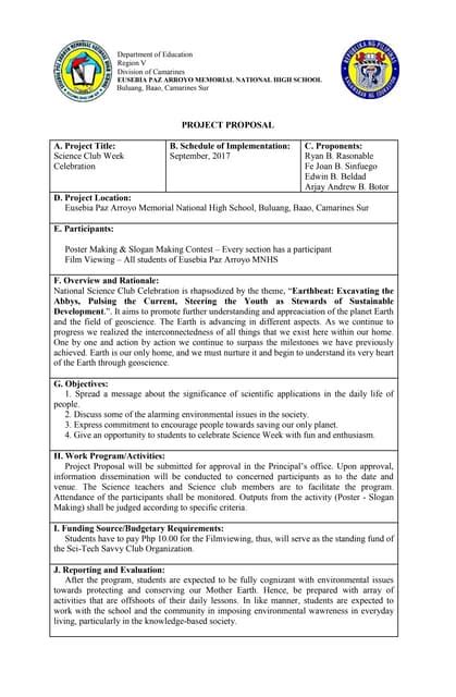 Project Proposal In Science Weekdocx