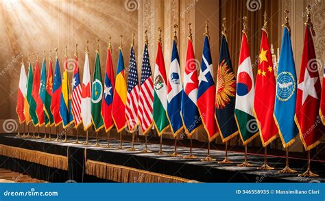 World Flags Representing International Cooperation In A Conference Room