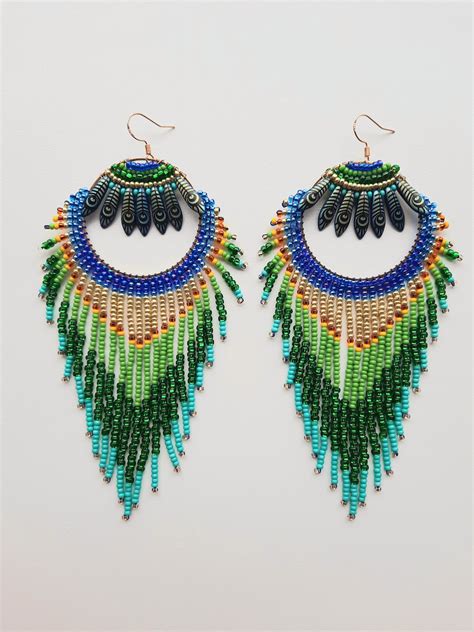 Peacock Beaded Earrings On Hoop Peacock Feather Earrings Seed Bead