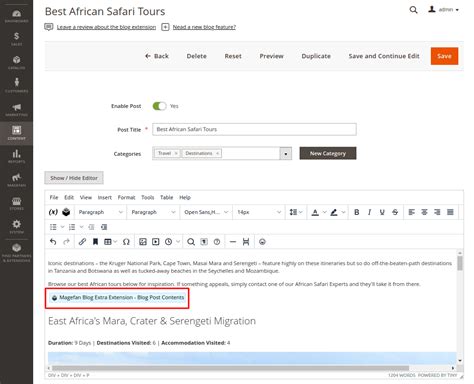 how to enable blog post contents in magento 2