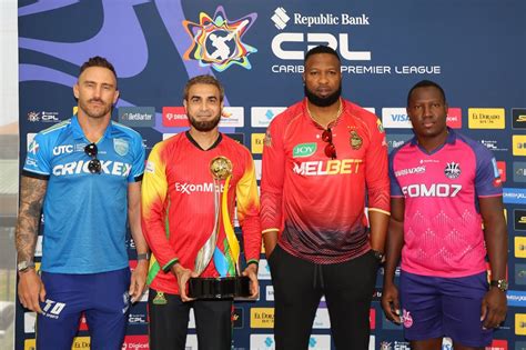Faf Du Plessis Imran Tahir Kieron Pollard And Rovman Powell Pose With The Cpl Trophy