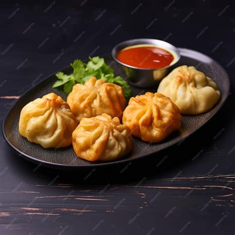 Premium Photo Veg Fried Momos With Red Chutney On Black Background