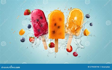 Set Of Fruit Popsicle With A Water Splash On Blue Background Ai