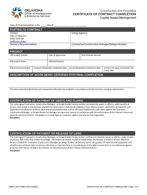 Fillable Online Certificate Of Contract Completion Fax Email Print