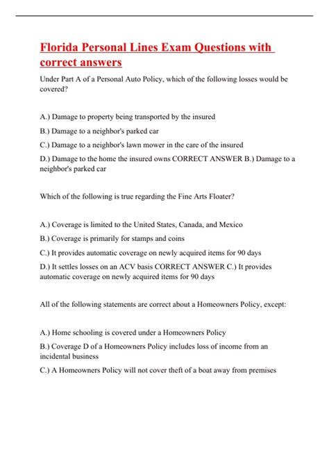 Florida Personal Lines Exam Questions With Correct Answers Property