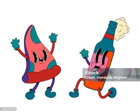 사이키델릭하고 그루비한 복고풍 만화 맥주와 피자 캐릭터 맥주와 피자가 있는 현대 스티커 생생한 색상의 재미있는 얼굴 흐르는 질감 미친 벡터 그림입니다 0명에 대한 스톡 벡터