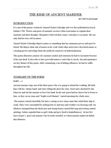 Summary Of The Rime Of Ancient Mariner Pdf Art Poetry