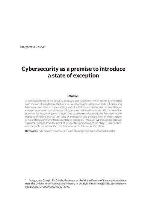 Pdf Cybersecurity As A Premise To Introduce A State Of Exception