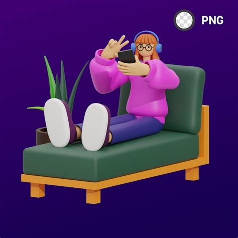 Premium Psd A Girl With Headphones On And A Phone On Her Lap Is