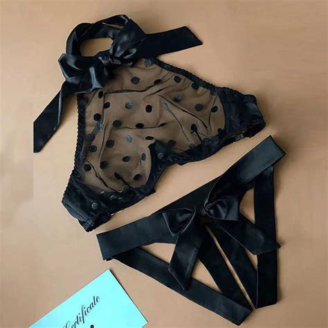 Conjunto Sexy Pijamas Femeninos Mujeres Traje De Sexo Caliente Dot Mesh Bowknot Recorte Correa