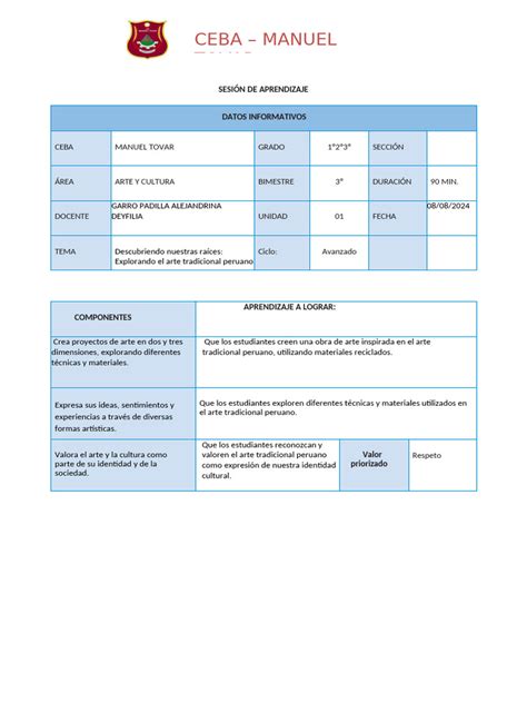 Sesion De Aprendizaje En Eba Pdf Aprendizaje Evaluación