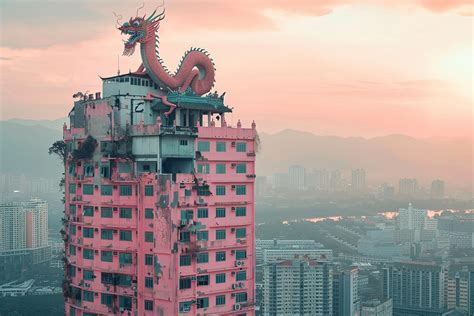 Tall Pink Building With Asian Dragon On Top Premium Ai Generated Image
