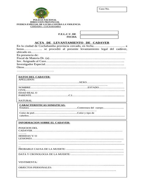 Acta De Levantamiento De Cadáver En Cochabamba Pdf