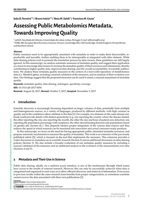Pdf Assessing Public Metabolomics Metadata Towards Improving Quality