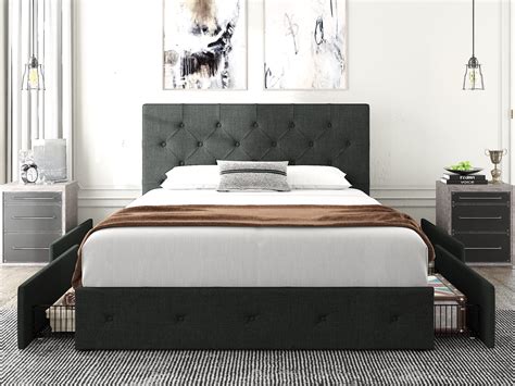 Amolife Full Size Platform Bed Frame With Headboard And 4 Drawers Dark