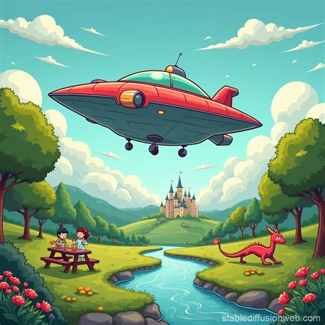 Alien Spaceship Lands In Whimsical Cartoon Park Stable Diffusion Online